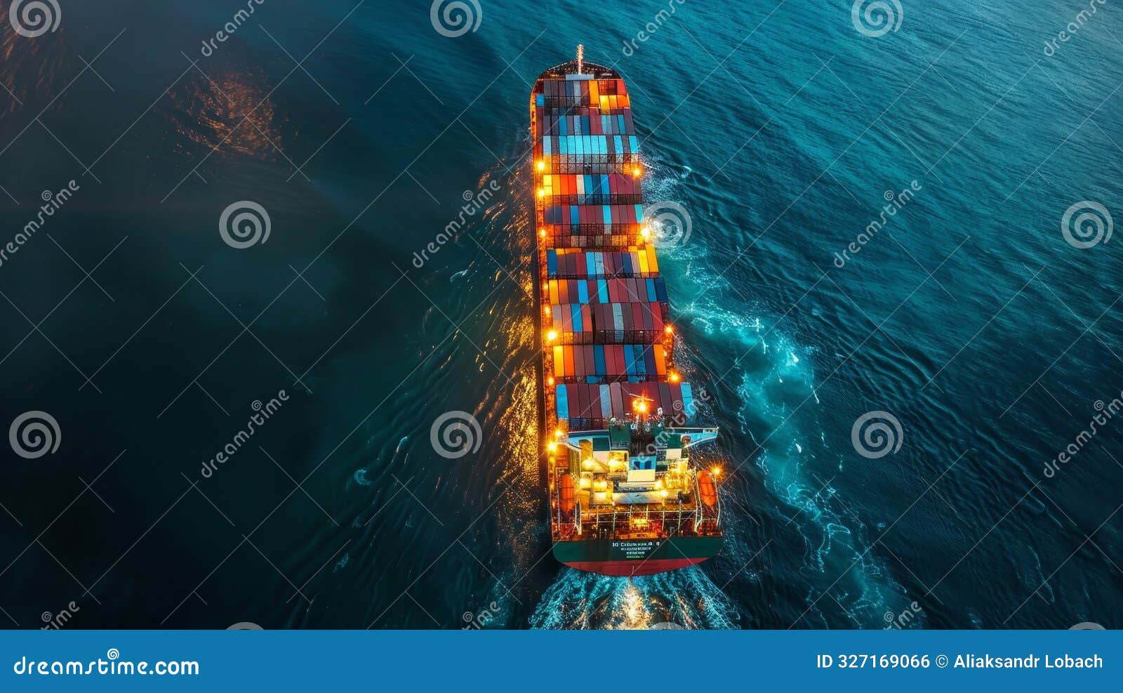An Aerial View of a Containerized Cargo Ship at Night with Lights ...