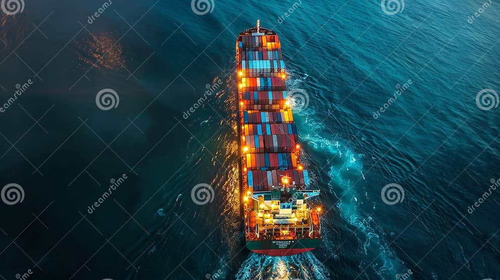 An Aerial View of a Containerized Cargo Ship at Night with Lights ...