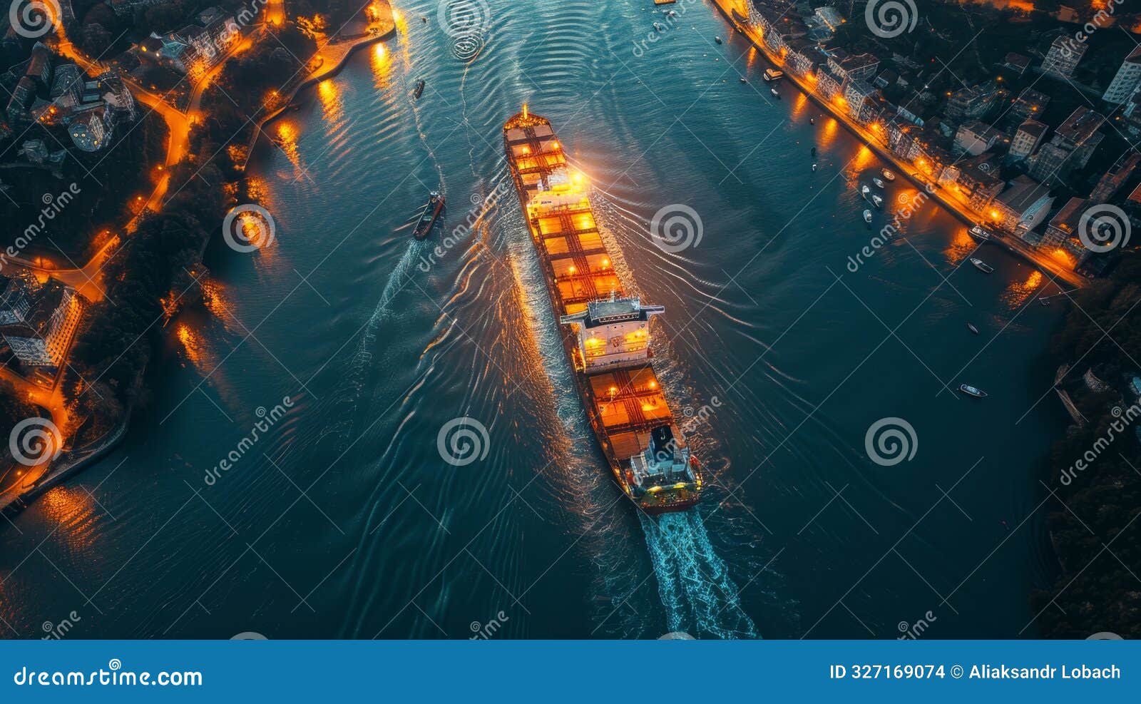 An Aerial View of a Containerized Cargo Ship at Night with Lights ...
