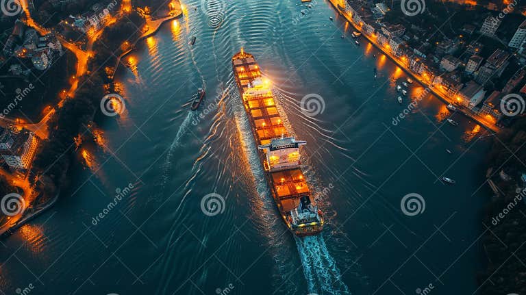 An Aerial View of a Containerized Cargo Ship at Night with Lights ...