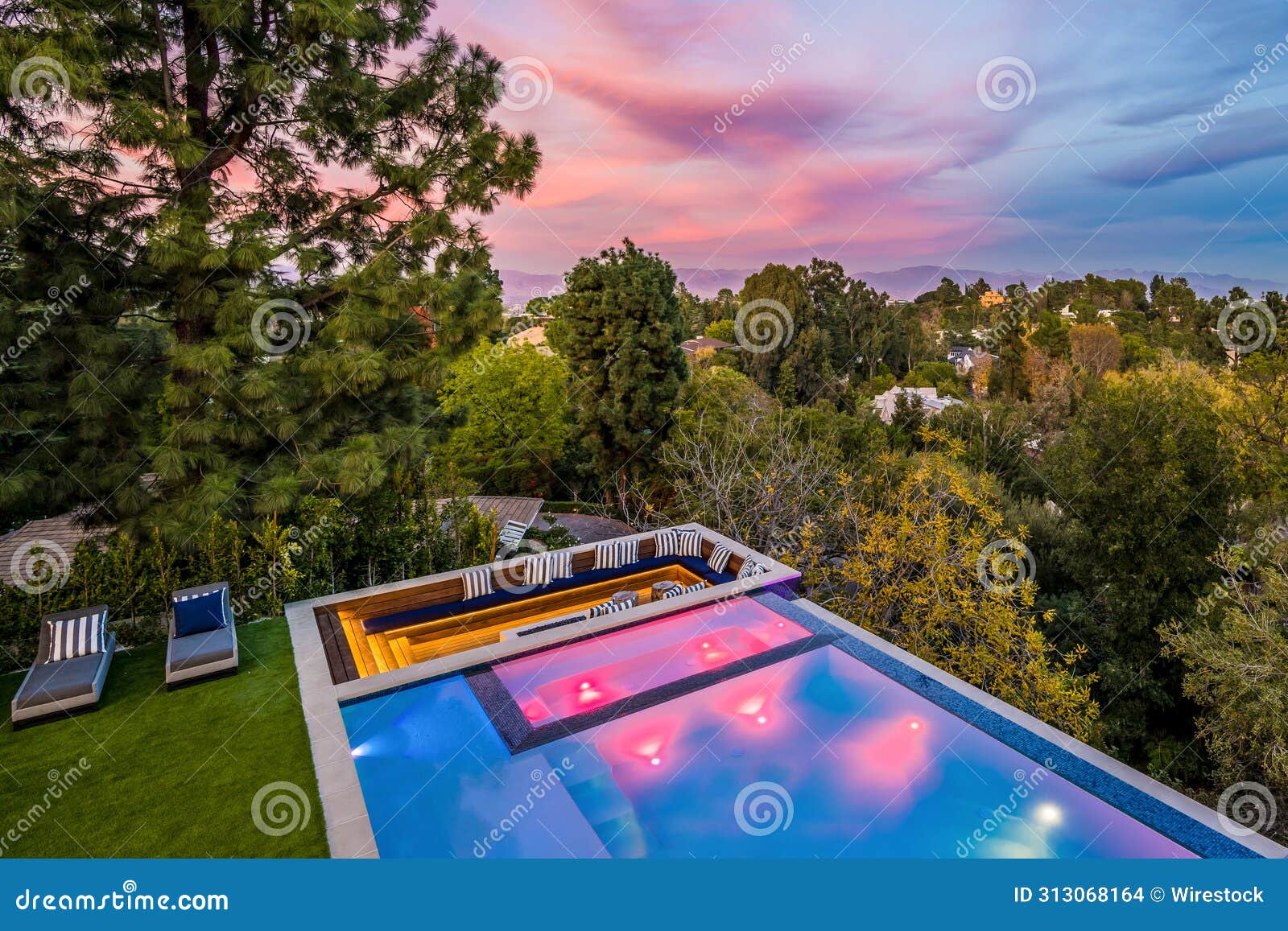 Aerial View of Contemporary Backyard with Pool at Sunset. Stock Photo ...