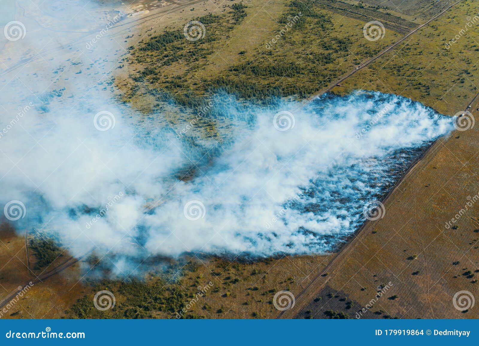 Aerial View of Controlled Bushfire or Fire in Forest among Green Fields ...