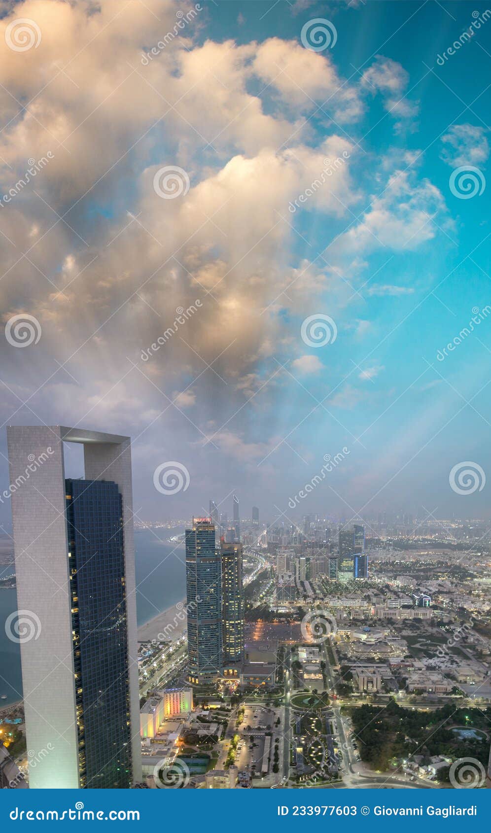 Aerial View of Corniche Road Buildings at Night, Abu Dhabi Stock Image ...