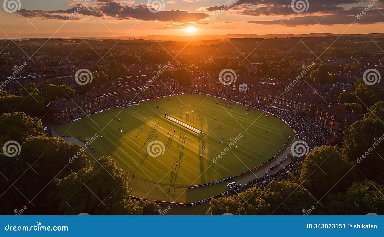 An Aerial View of a Cricket Match in Progress, with a Crowd of ...
