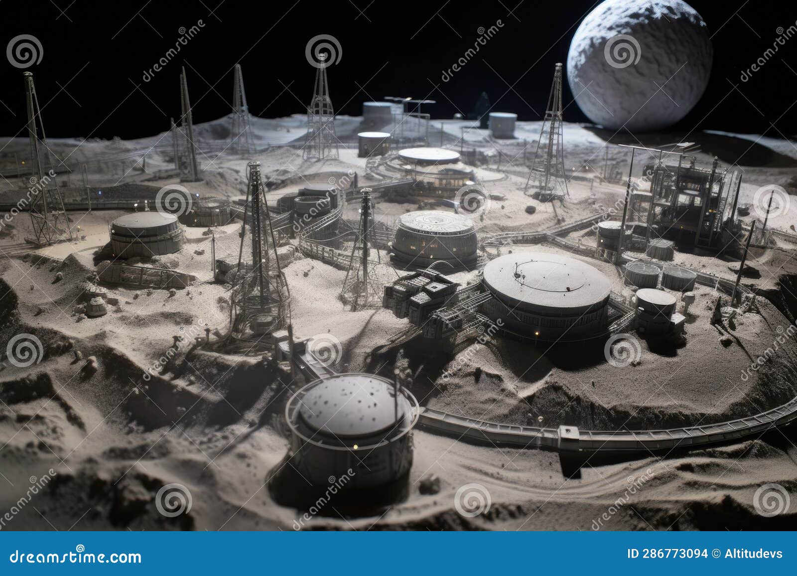 Aerial View of a 3d-printed Lunar Base Under Construction Stock Photo ...