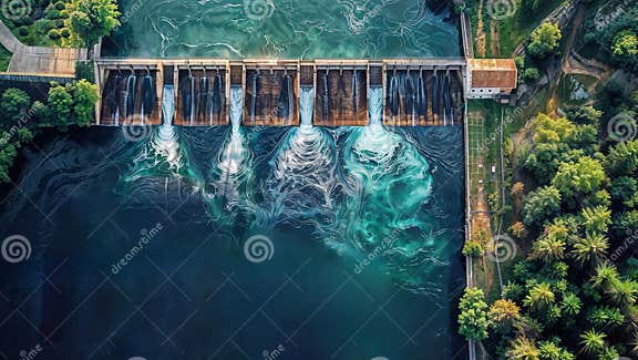 Aerial View of Dynamic Dam with Spillways and Lush Green Surroundings, Generative Ai Stock ...