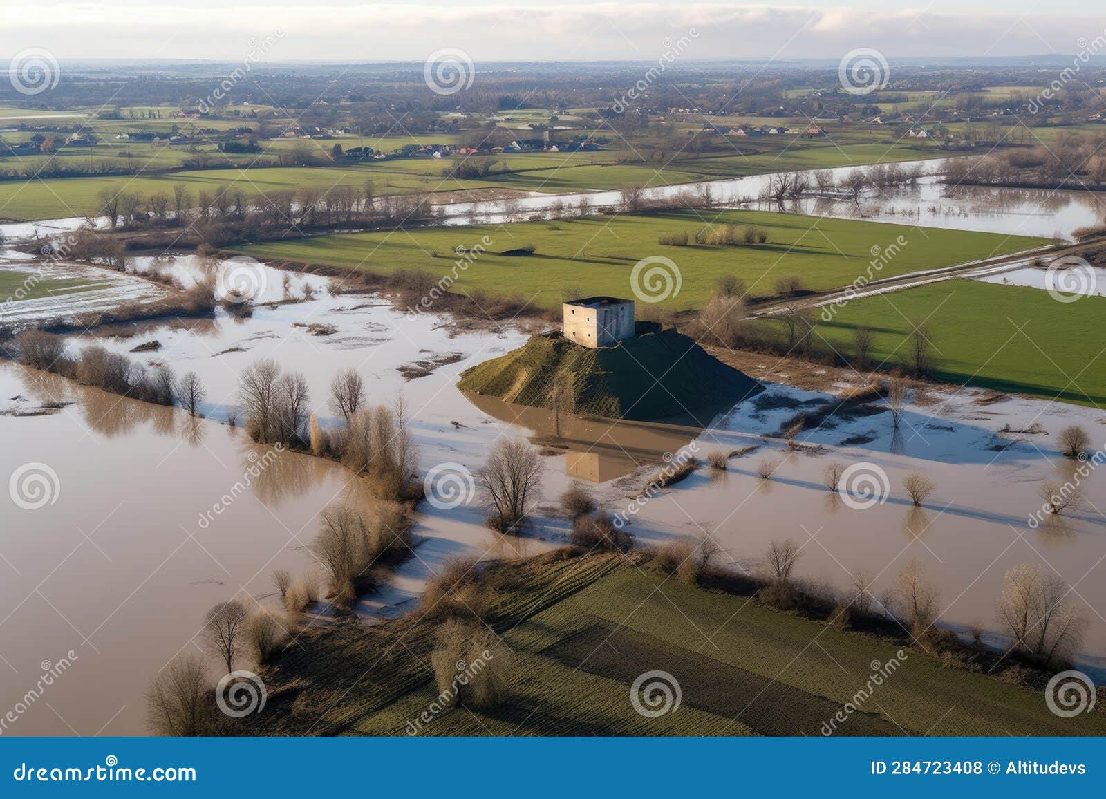 Aerial View of a Damaged Levee with Floodwater Stock Photo - Image of ...