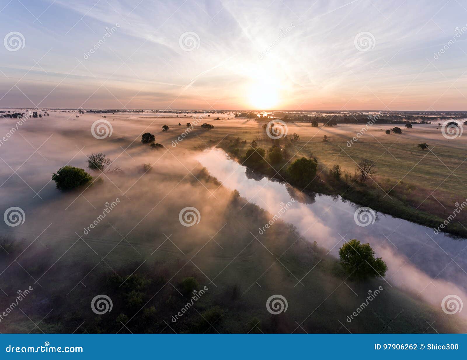 Aerial View of the Dawn Over the River in the Fog Stock Photo - Image ...