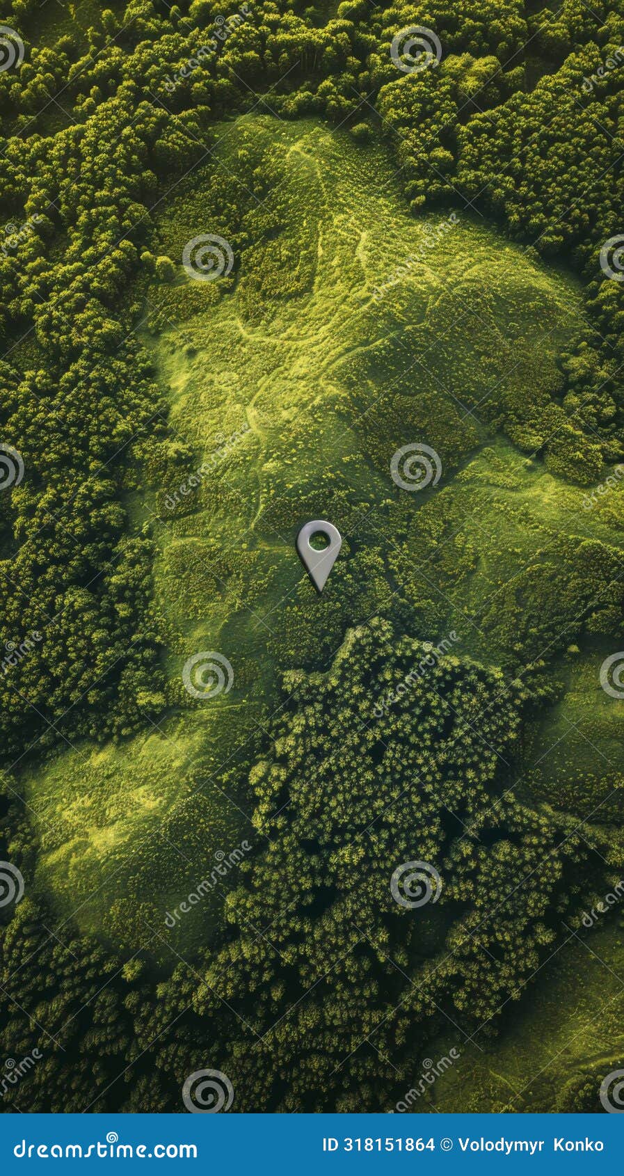 Aerial View of a Dense Forest with a Map Pin Icon Stock Photo - Image ...