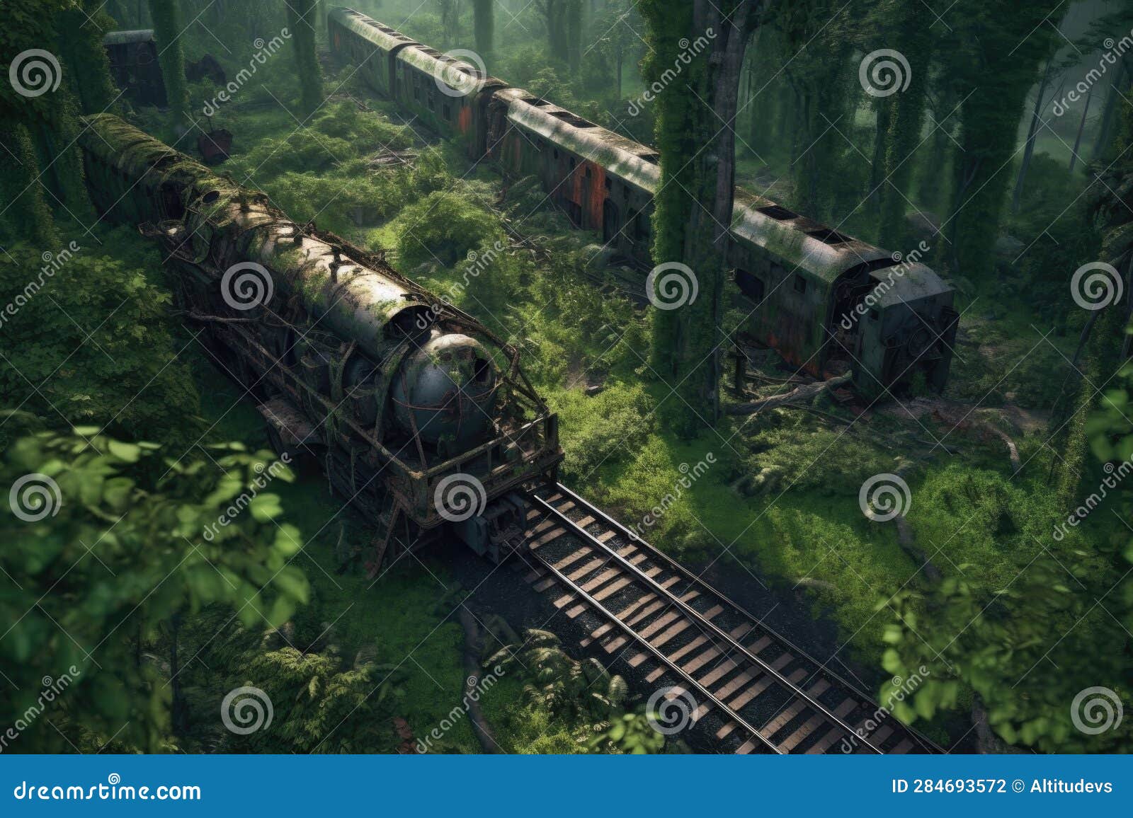 Aerial View of Derailed Vintage Train in a Dense Forest Stock Photo ...