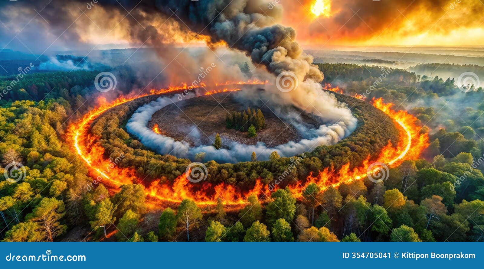 Aerial View Of A Devastating Wildfire Encircling A Dry Forest A Drones ...