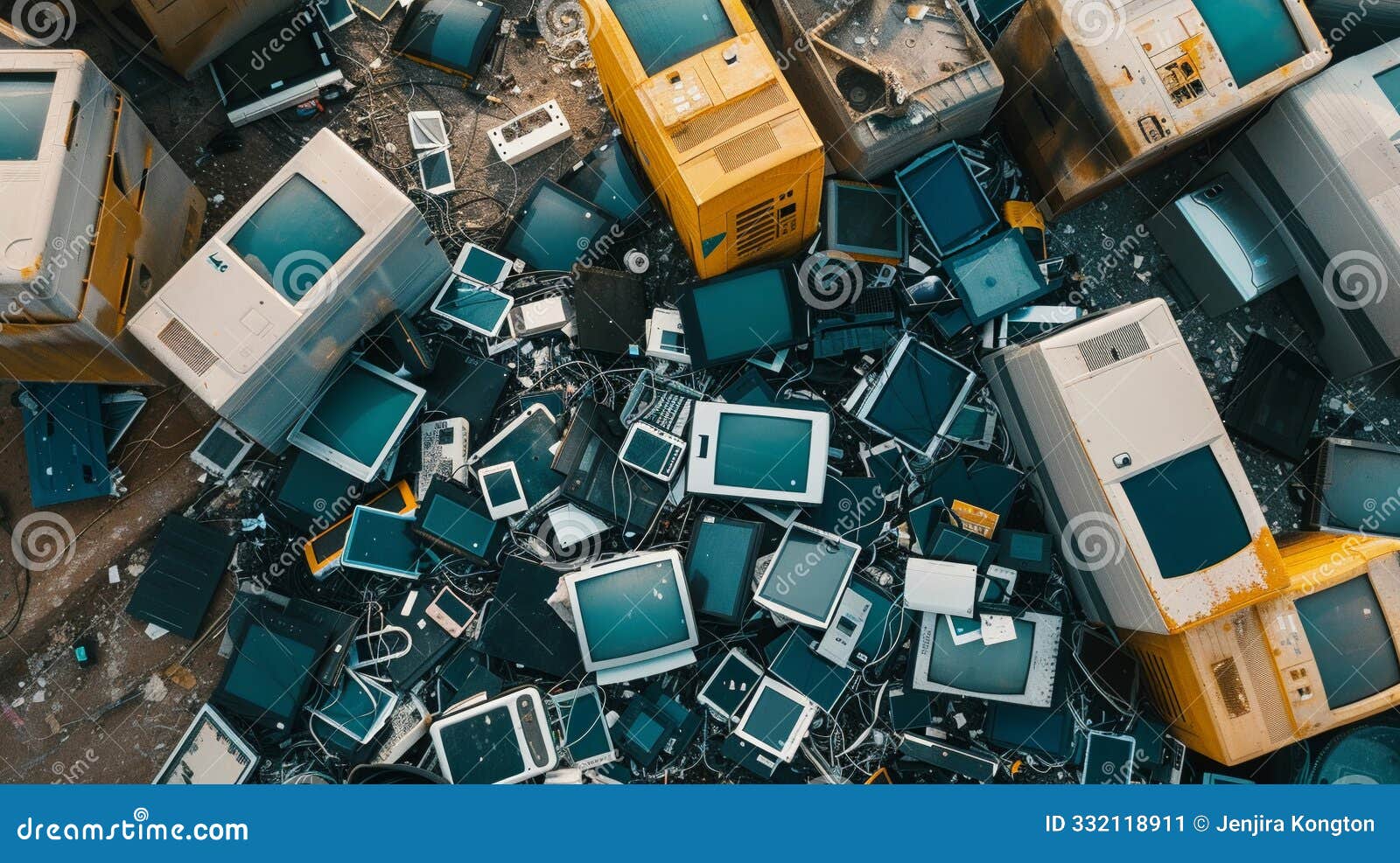 Aerial View of Discarded Electronics, Showcasing Old Computer Units and ...
