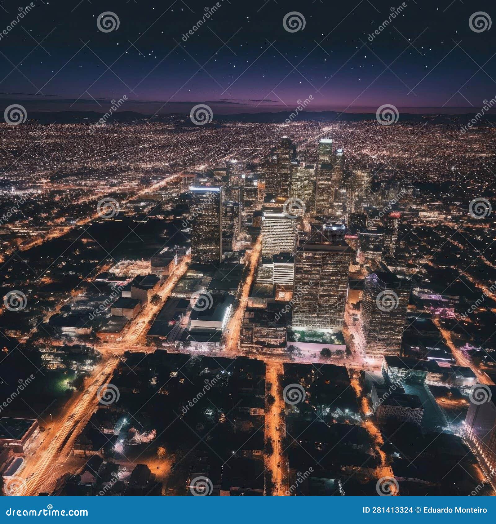 Aerial View of Downtown Area at Night Stock Illustration - Illustration ...