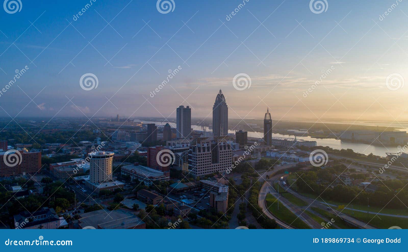 Aerial View of Downtown Mobile, Alabama Waterfront at Sunrise Stock ...
