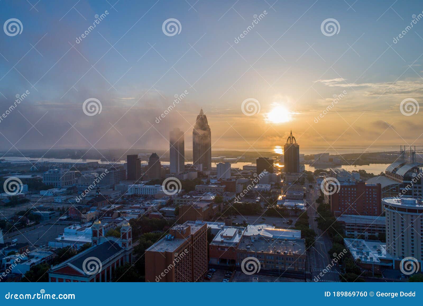 Aerial View of Downtown Mobile, Alabama Waterfront at Sunrise Stock ...