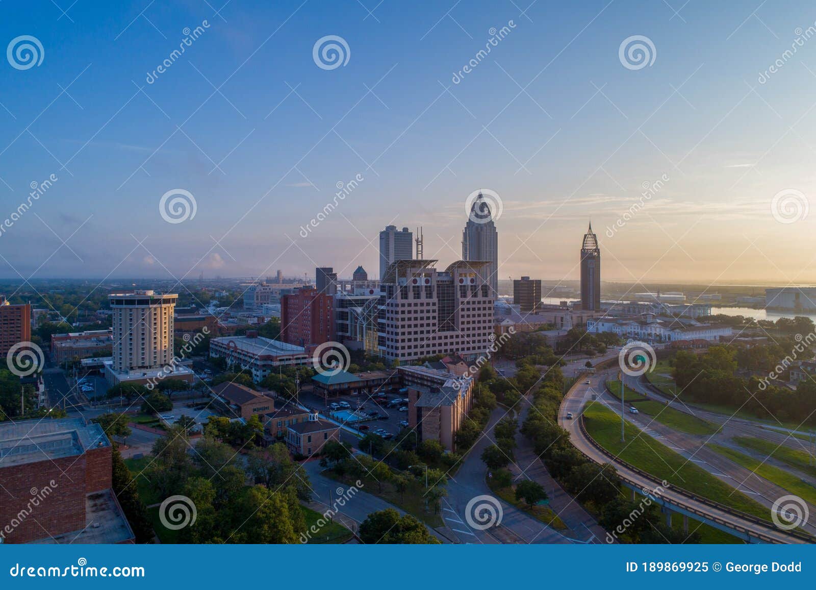 Aerial View of Downtown Mobile, Alabama Waterfront at Sunrise Stock ...