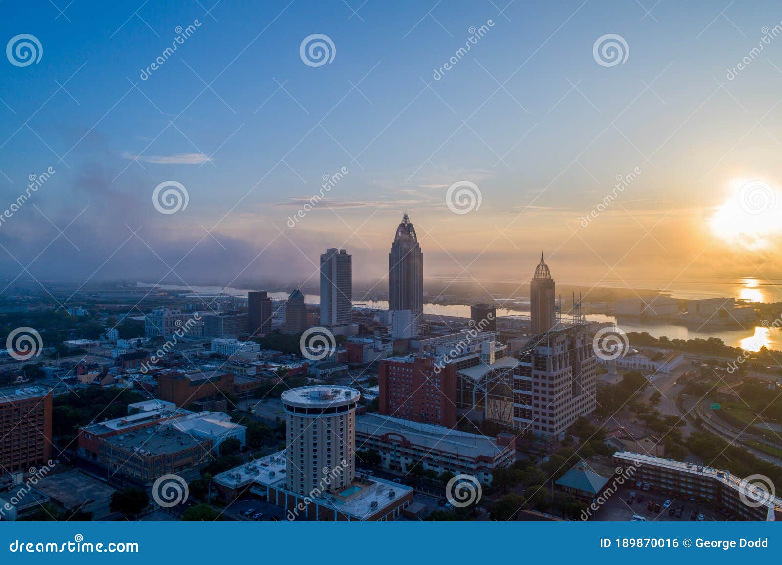 Aerial View of Downtown Mobile, Alabama Waterfront at Sunrise Stock ...