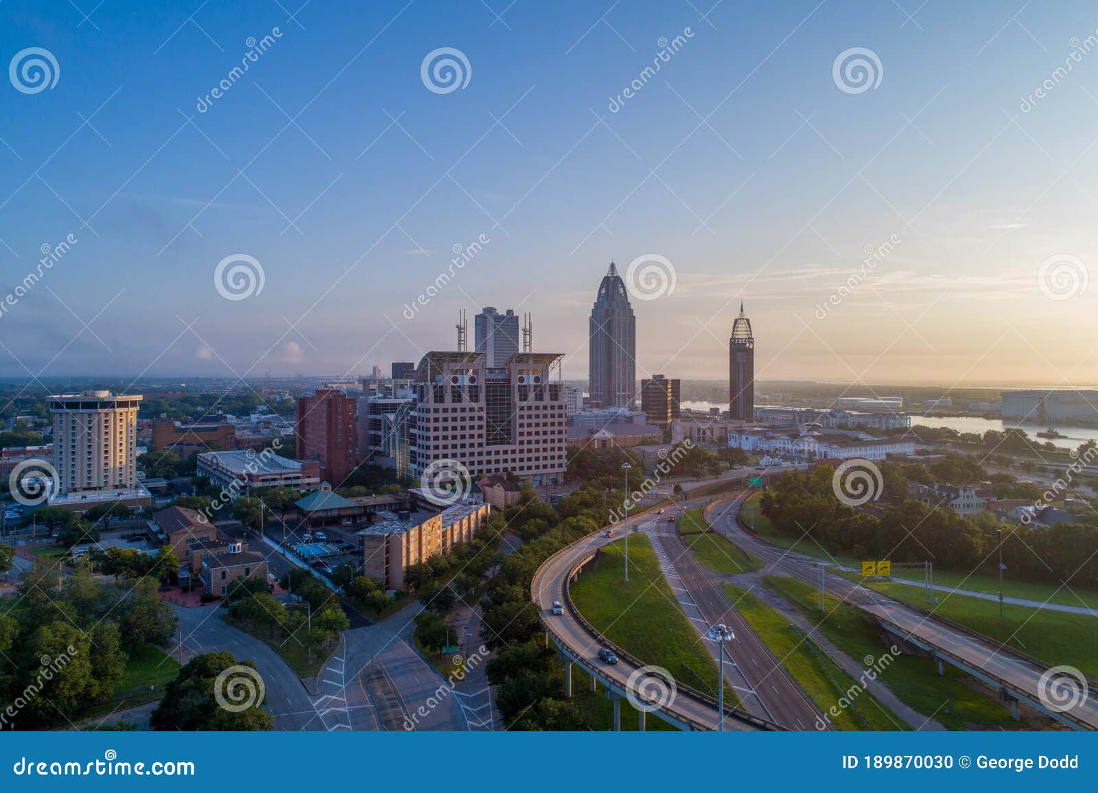 Aerial View of Downtown Mobile, Alabama Waterfront at Sunrise Stock ...