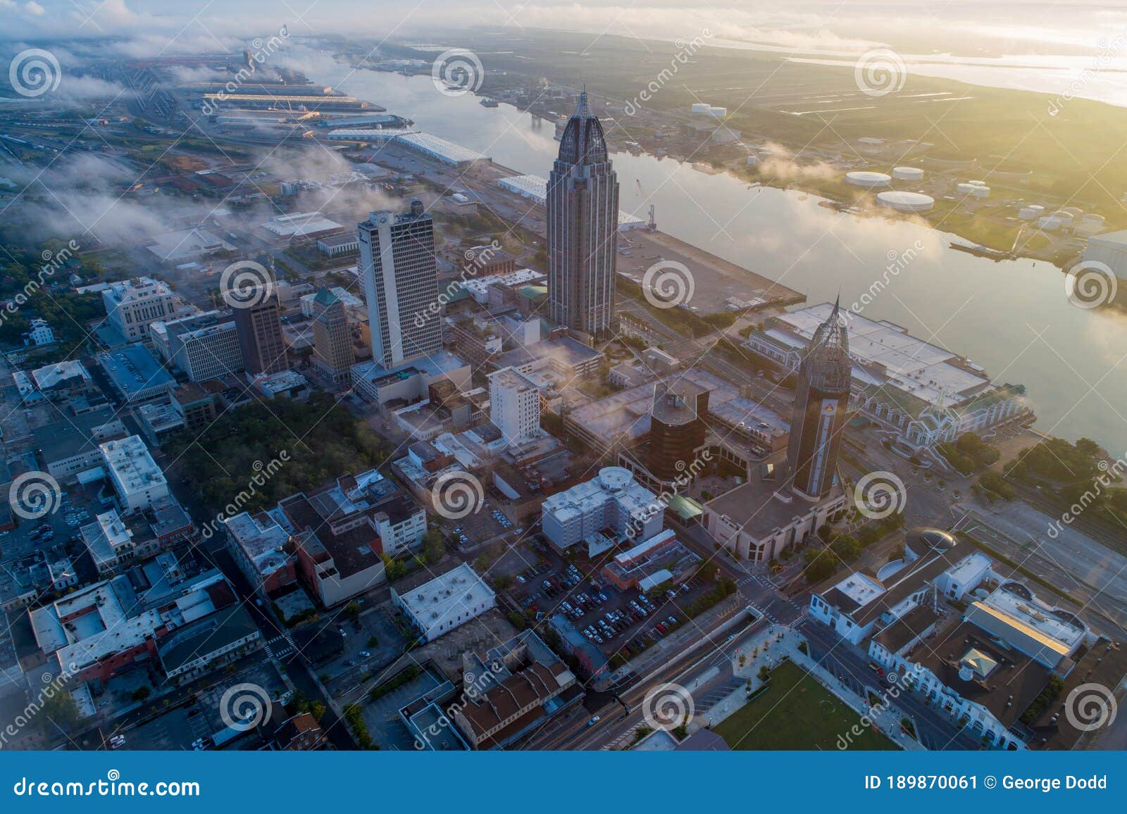 Aerial View of Downtown Mobile, Alabama Waterfront at Sunrise Stock ...