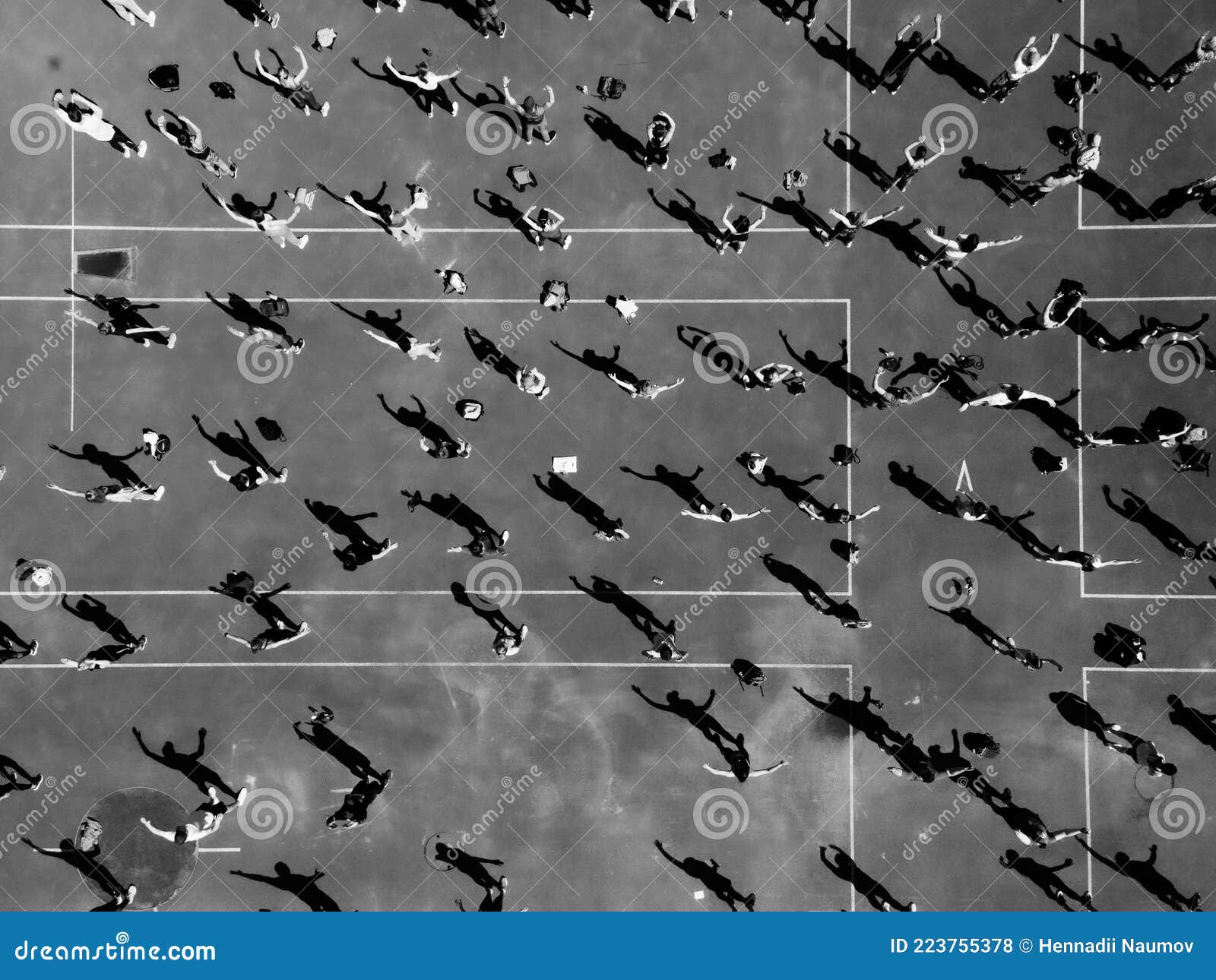 Aerial View from a Drone of a Group of People Doing Physical Exercise ...