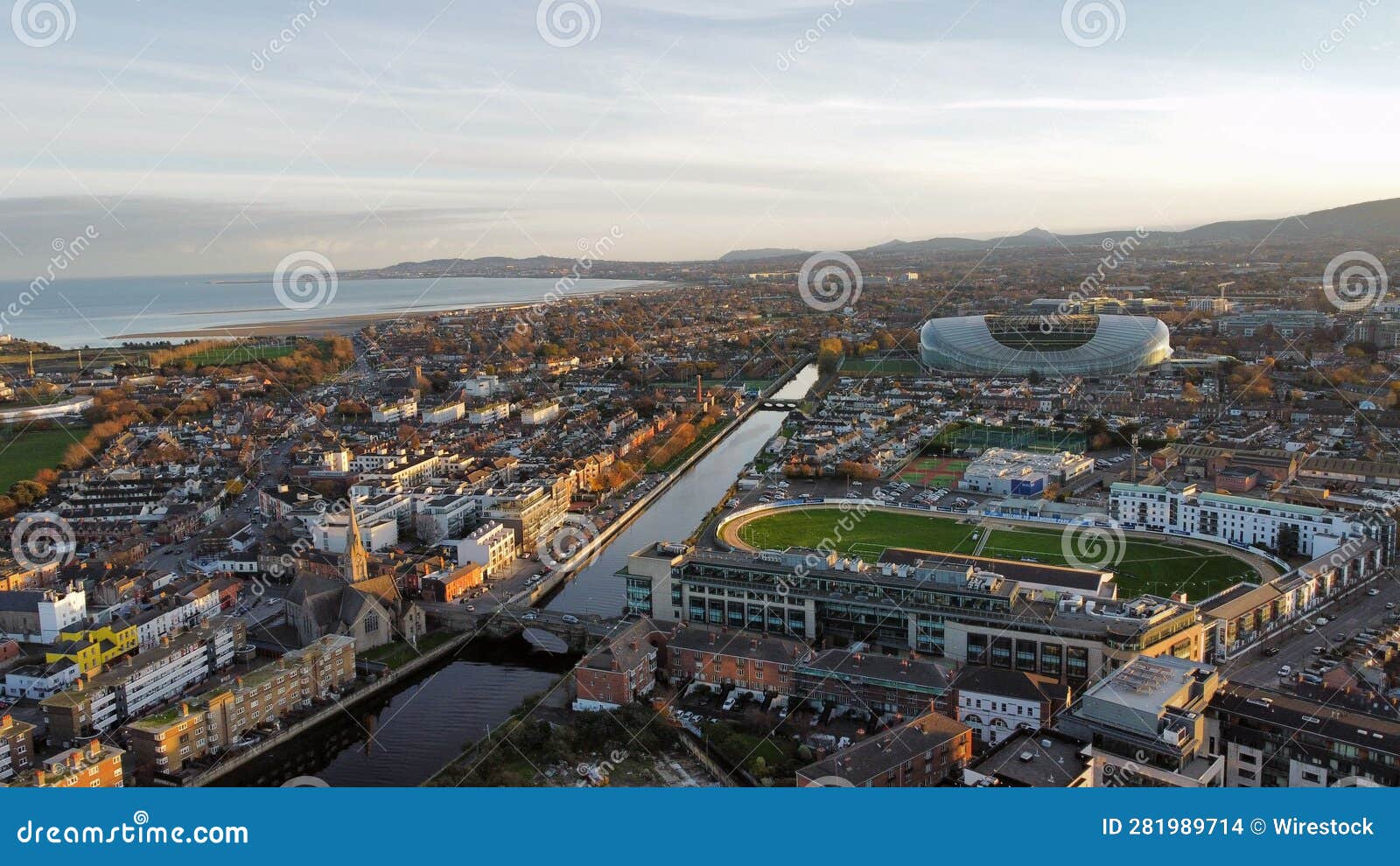 Aerial View of Dublin Bay with with Aviva Stadium at Sunset Stock Photo ...