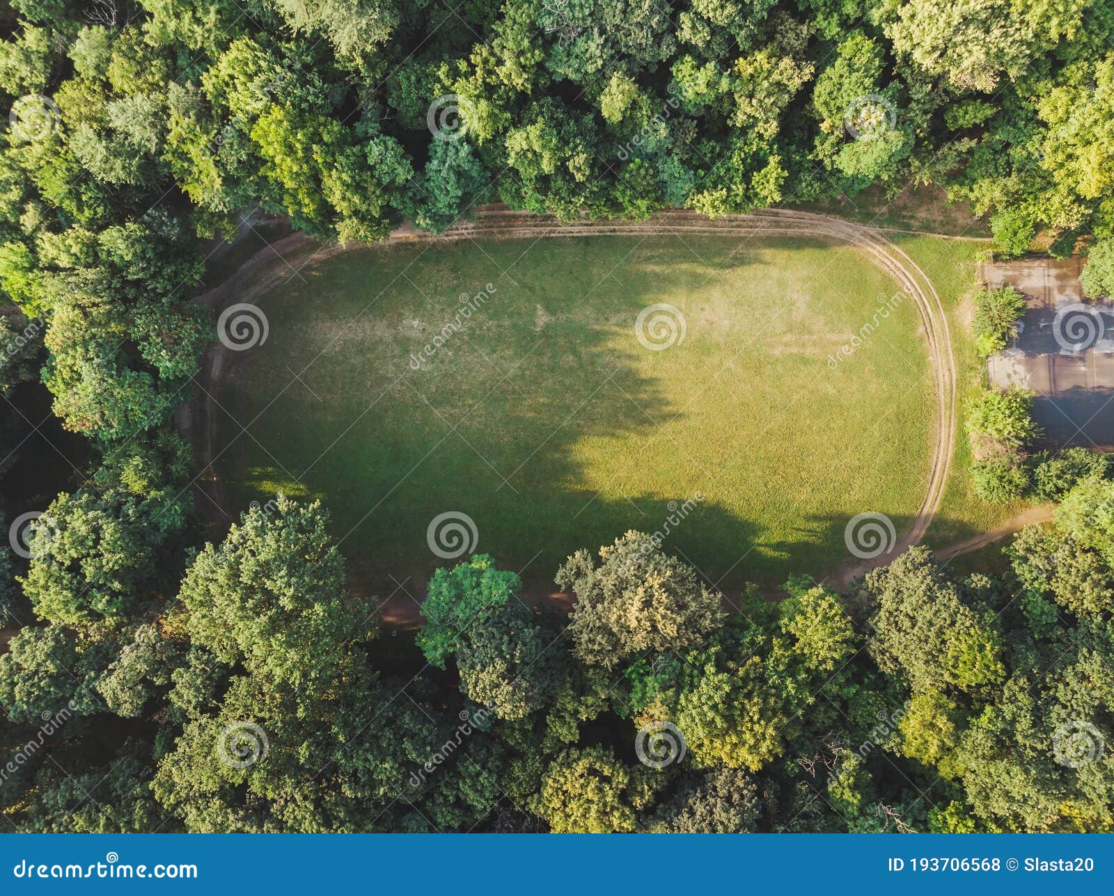 Aerial View Of Empty Field With Trim Path In A Dense Forest Stock Photo ...