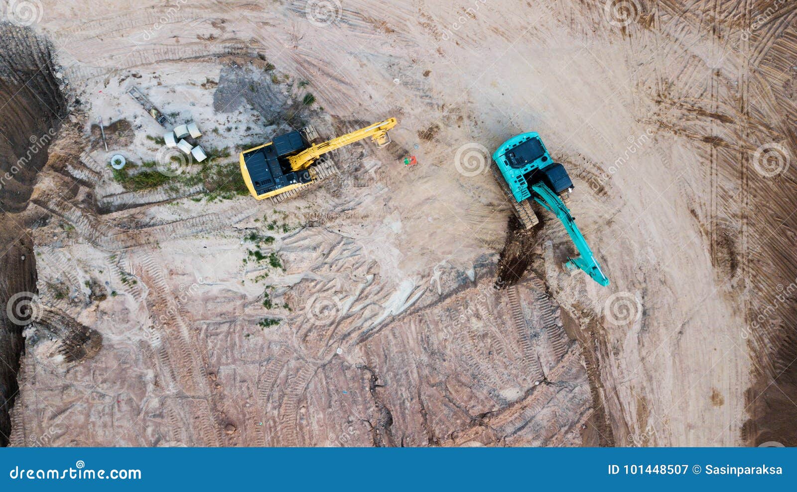 Aerial View, Empty Land of Site Construction with Two Excavator Loader ...