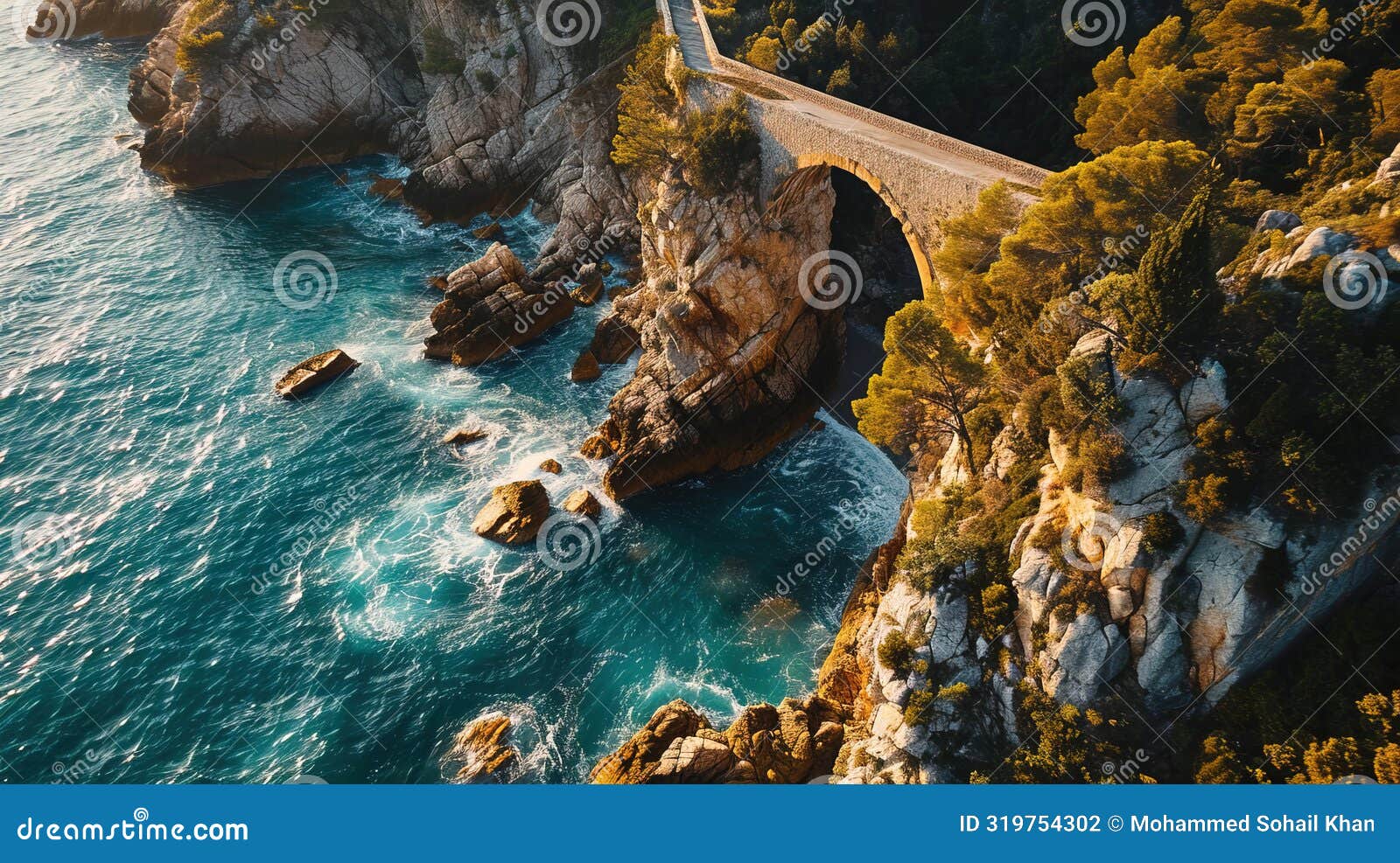 Aerial View of Engineering Marvel Bridge on Ocean Forest Front ...