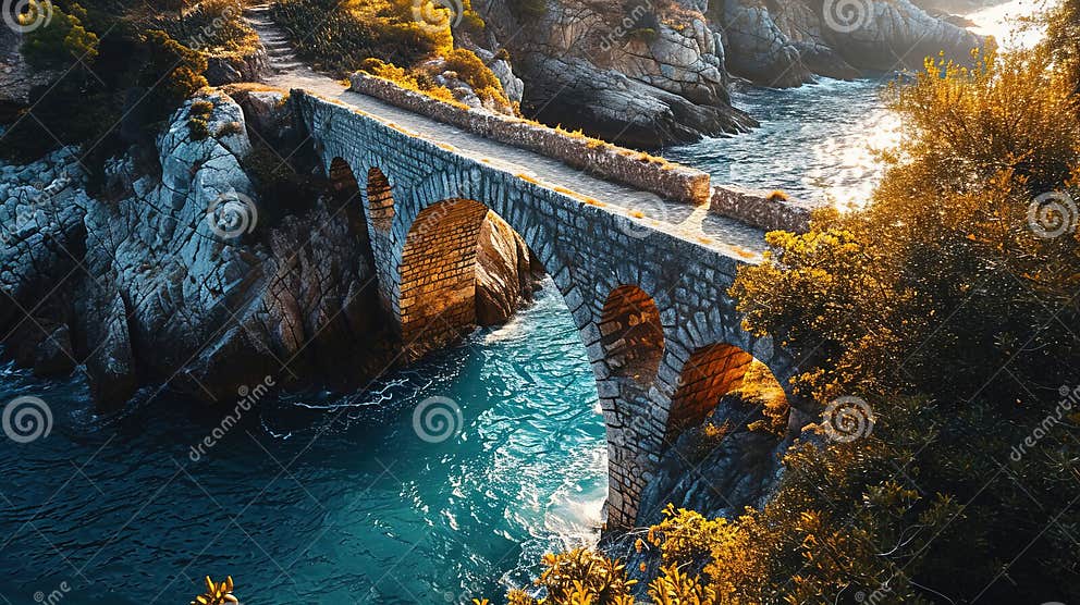 Aerial View of Engineering Marvel Bridge on Ocean Forest Front ...