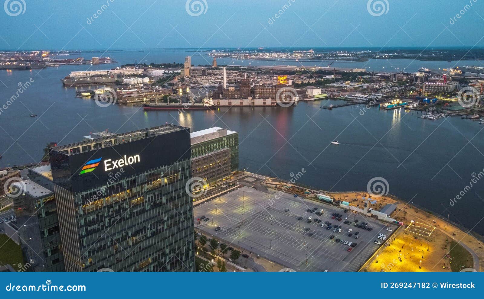 Aerial View Of Exelon Building With Parking Lot And Baltimore Harbor