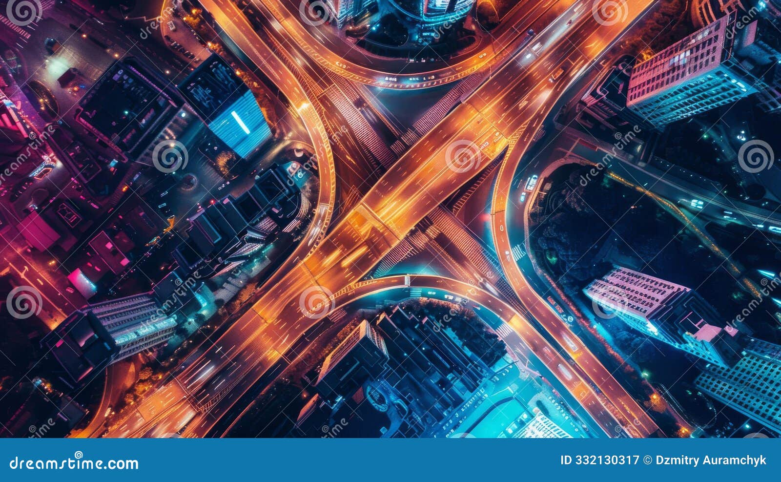 An Aerial View of an Expressway Top View, a Road Intersection at Night, a Car Traffic ...