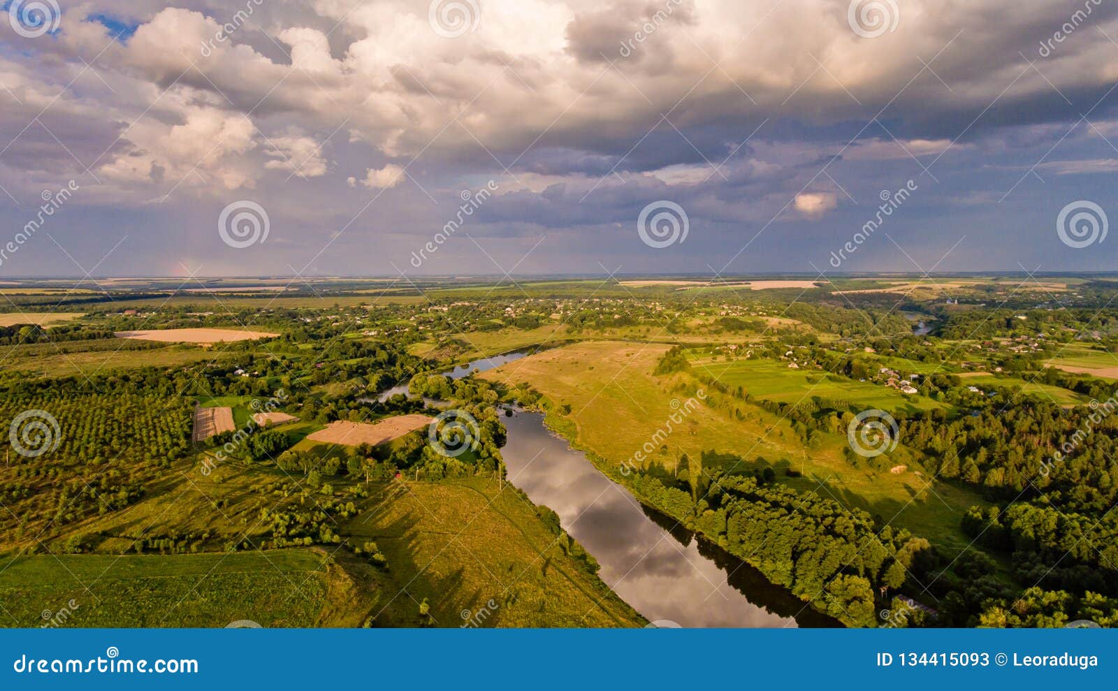 Aerial View of Fields, Forest, River. Stock Image - Image of reflection ...