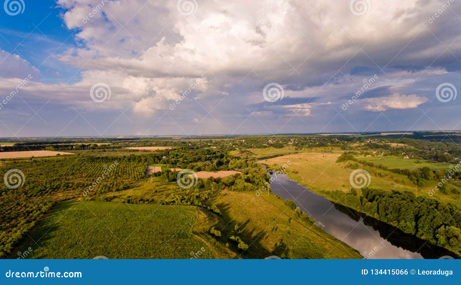 Aerial View of Fields, Forest, River. Stock Photo - Image of blue ...