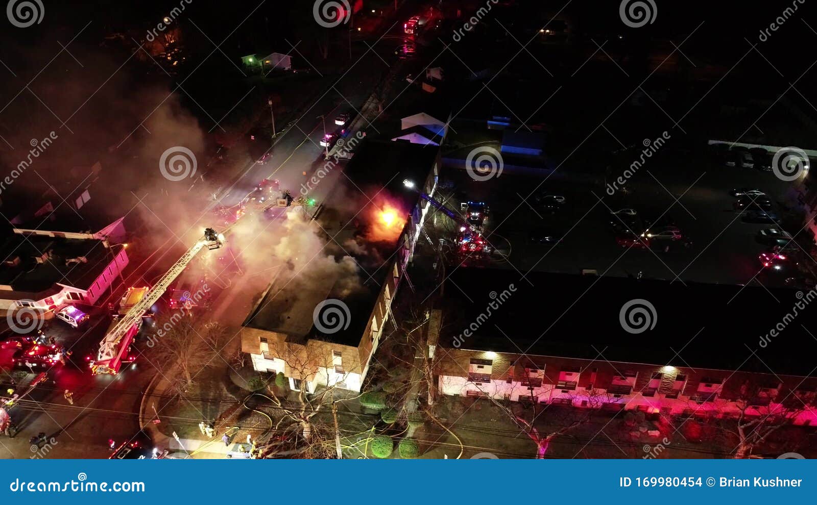 Aerial View of Fire Trucks and Apparatus on Scene of Structure Fire ...