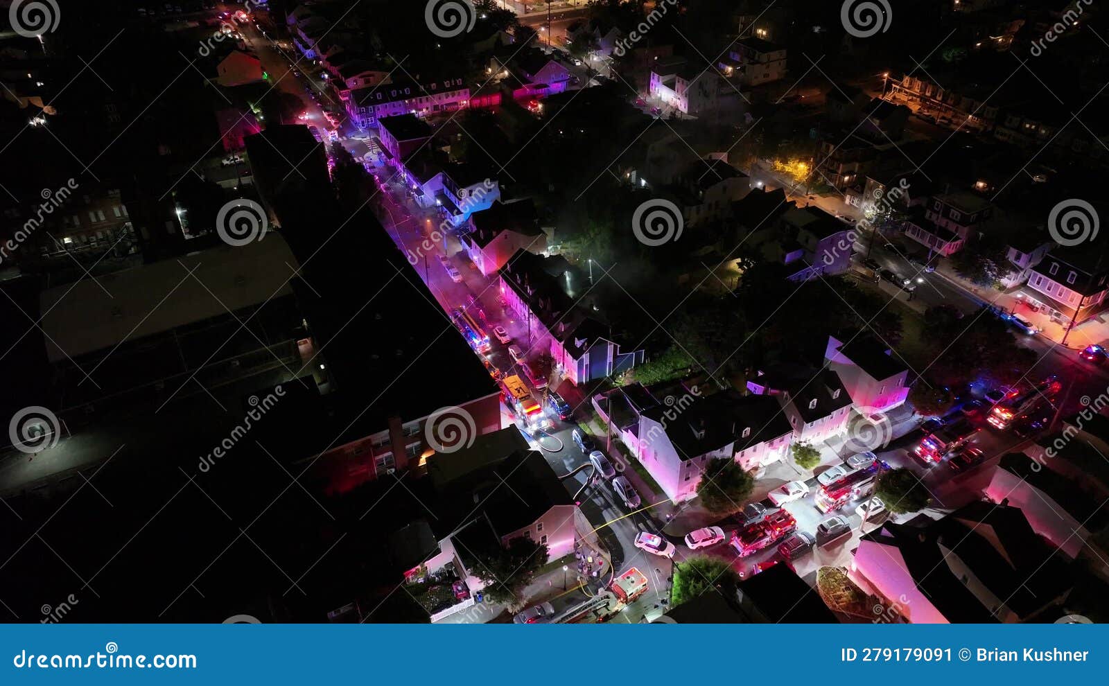 Aerial View of Fire Trucks and Apparatus on Scene of Structure Fire ...