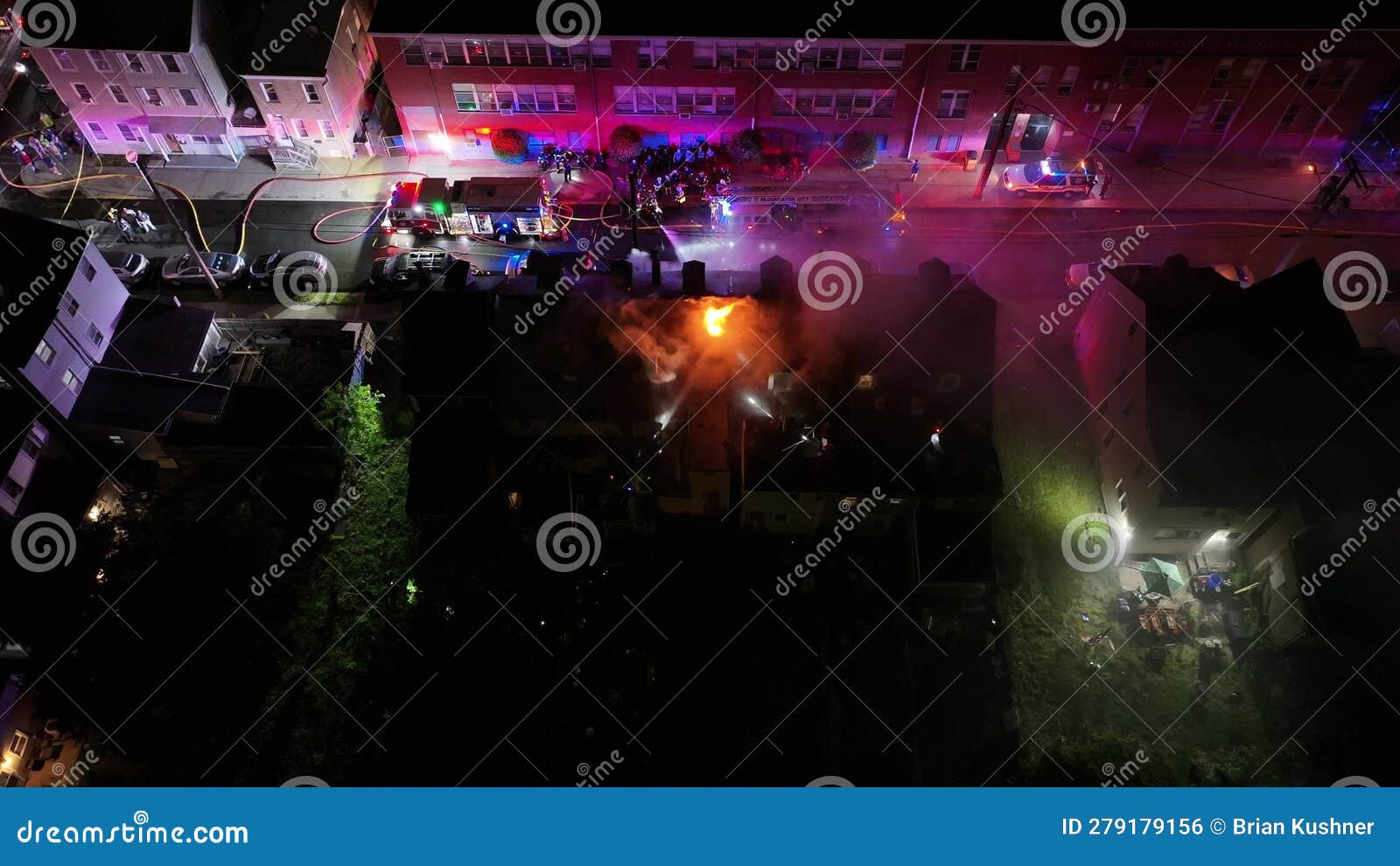 Aerial View of Fire Trucks and Apparatus on Scene of Structure Fire ...