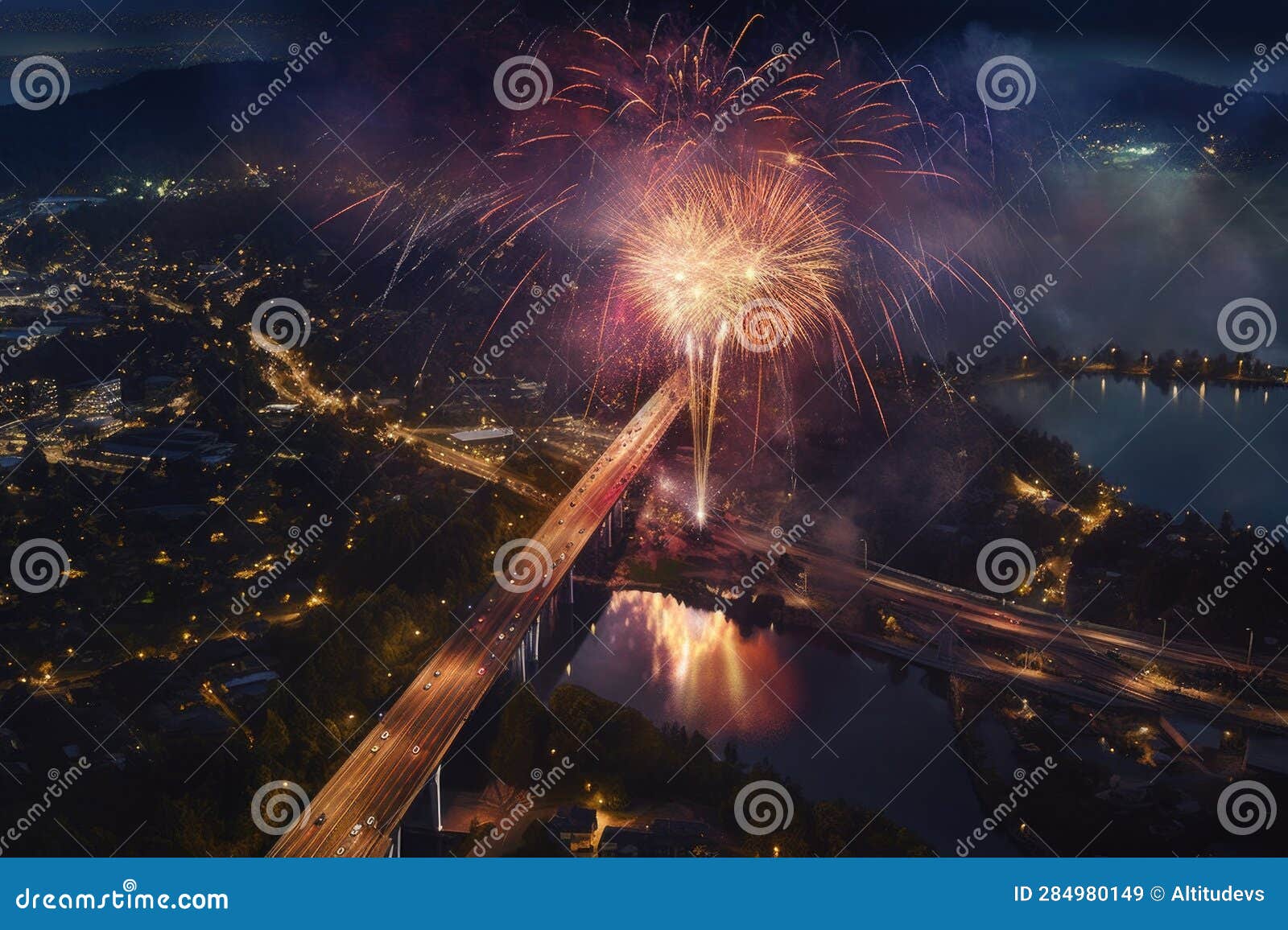 Aerial View of Fireworks Exploding Over a Bridge Stock Illustration ...