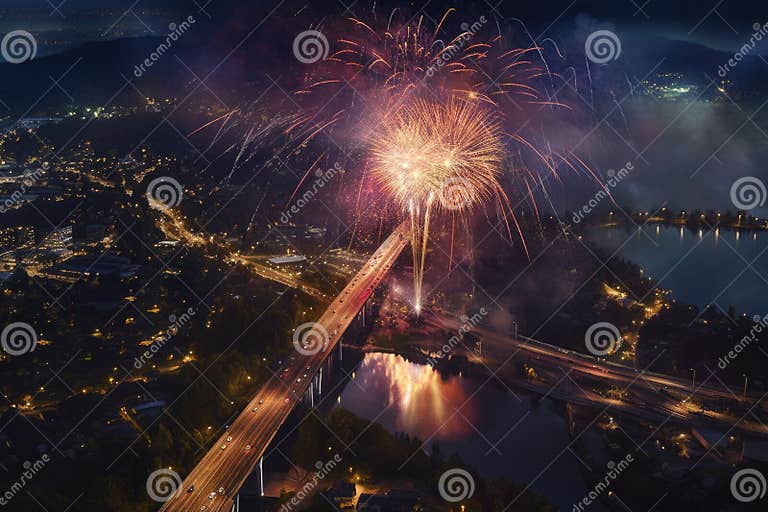 Aerial View of Fireworks Exploding Over a Bridge Stock Illustration ...