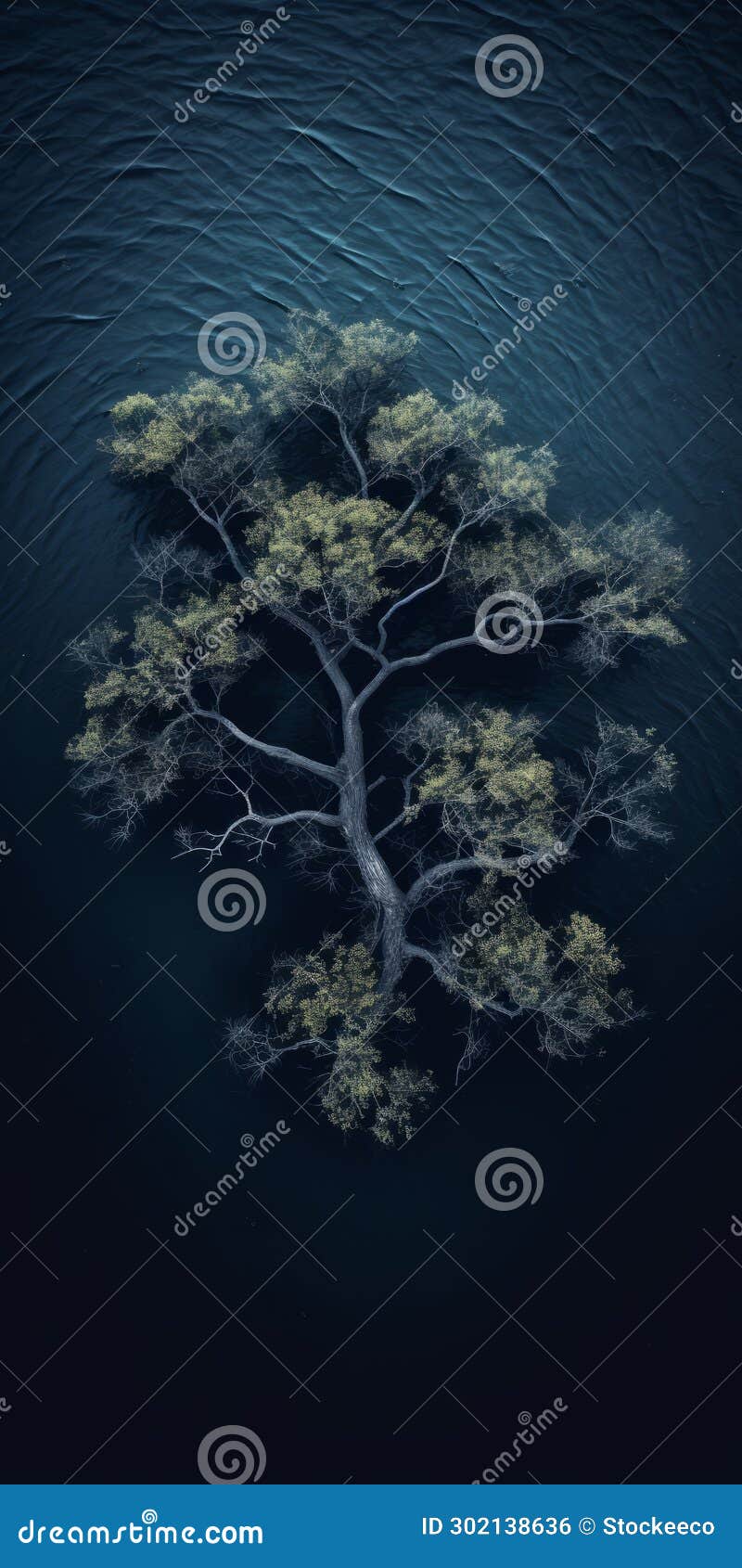 Aerial View of a Floating Tree in a Black Backdrop Stock Illustration ...