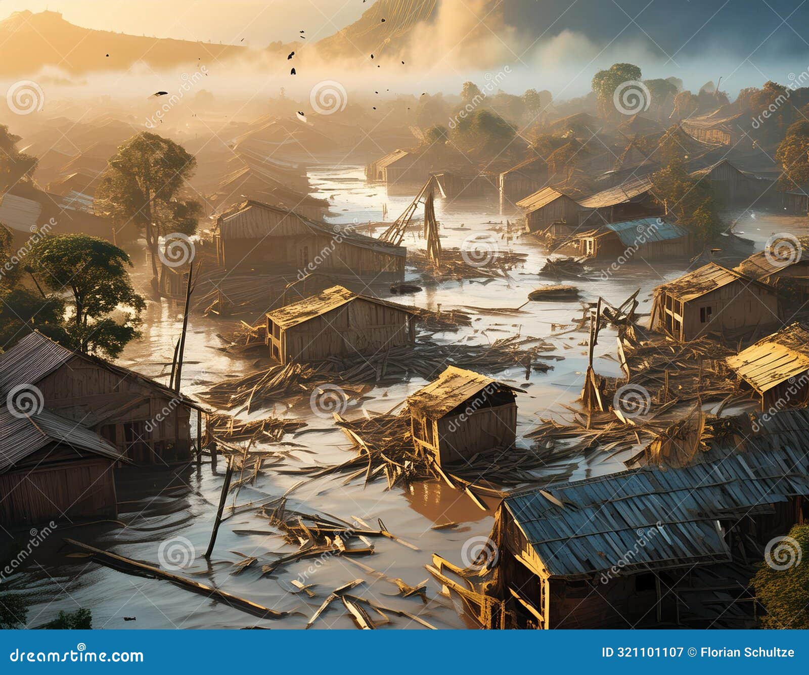 Aerial View of Flood and Natural Destruction Stock Illustration ...