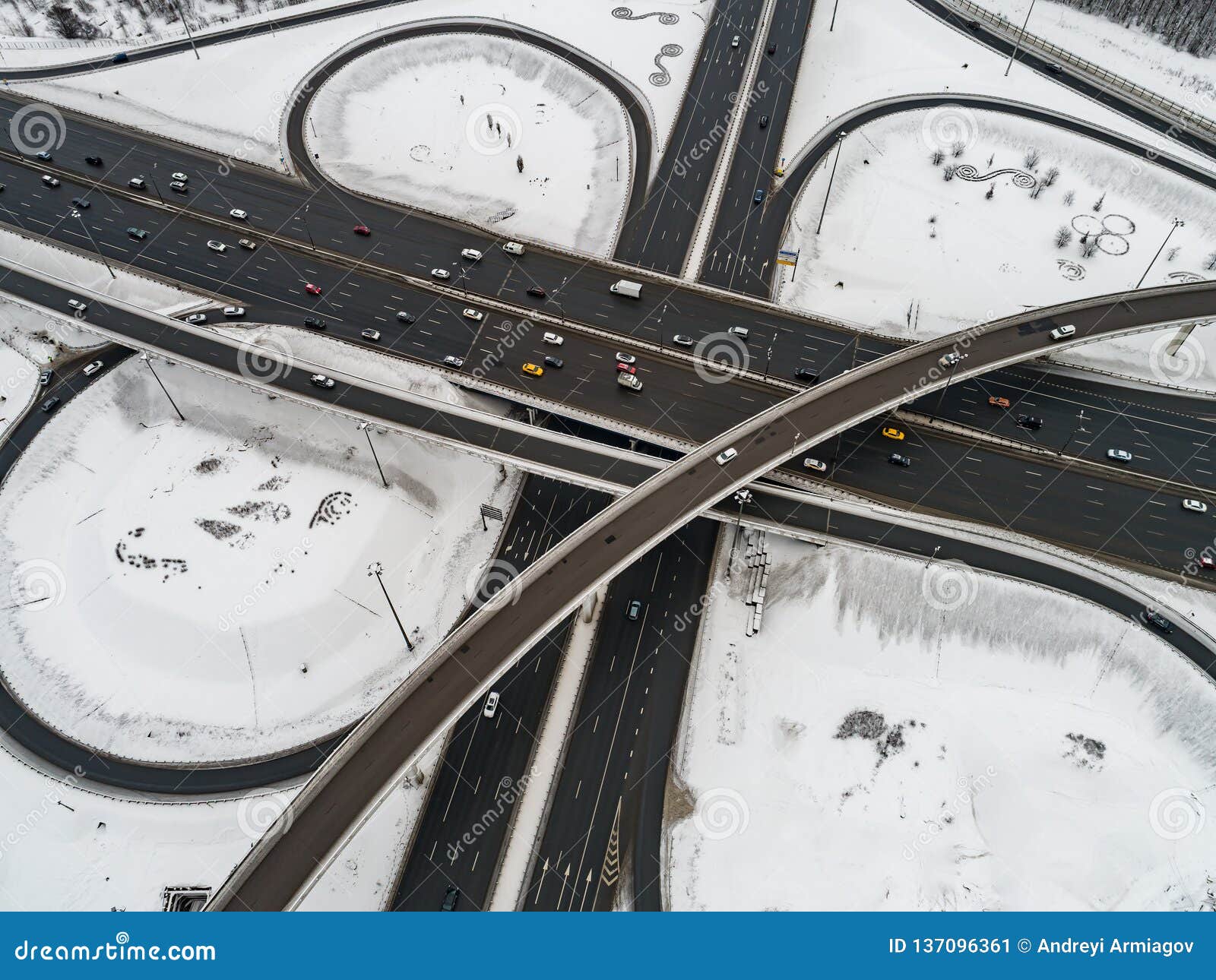Aerial View of a Freeway Intersection Snow-covered in Winter Stock ...