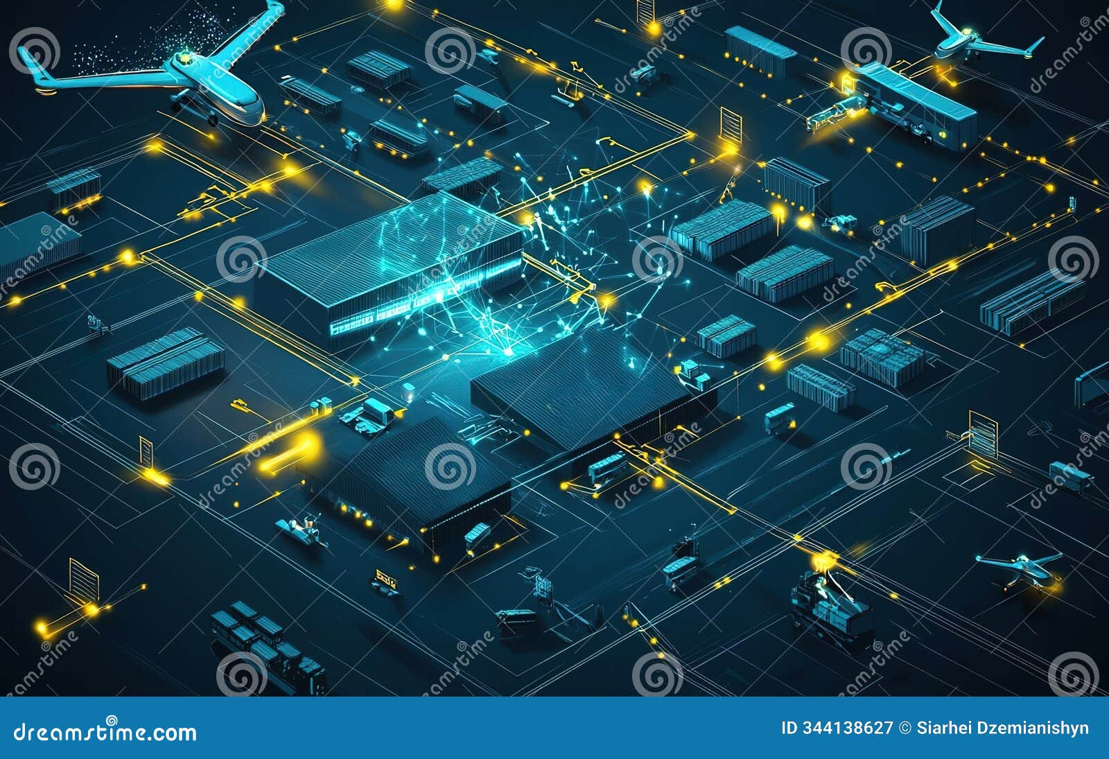 Aerial View of a Futuristic Logistics Hub Showcasing Drones, Planes ...