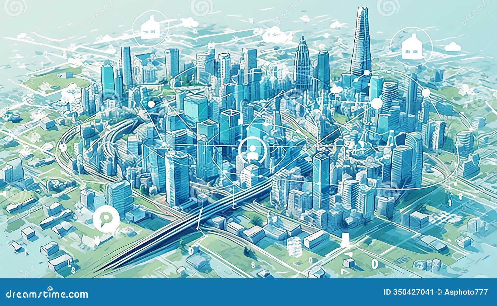 Aerial View of a Futuristic Smart City with Digital Data Overlays Stock ...