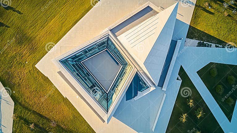 An Aerial View of a Geometric, Modern Building with a Triangular Shape ...