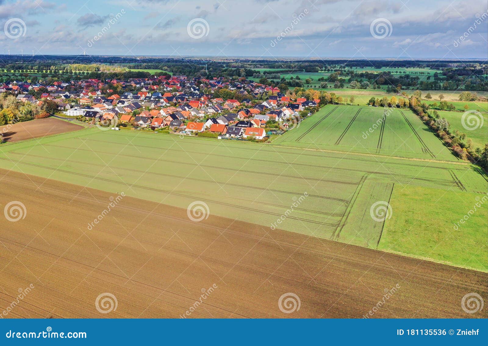 Aerial View of a German Village Behind Large Monotonous Fields Stock ...