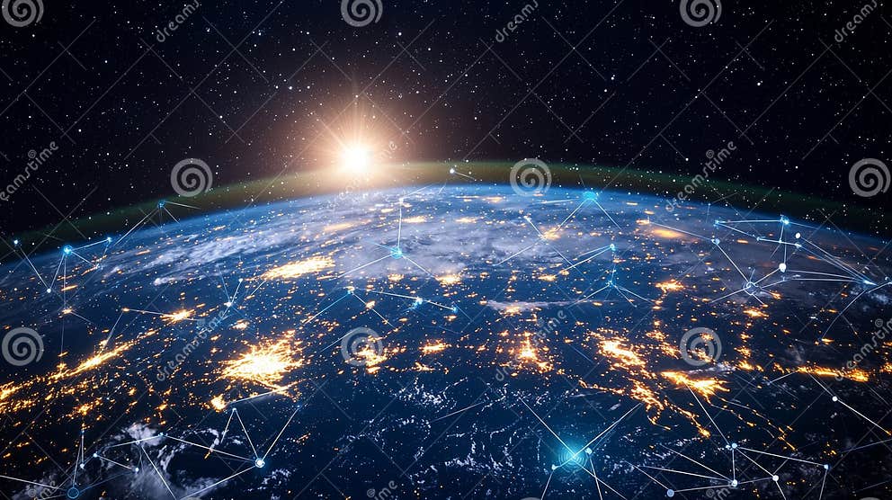 Aerial View of a Glowing AI-powered Communication Network Visualized As ...