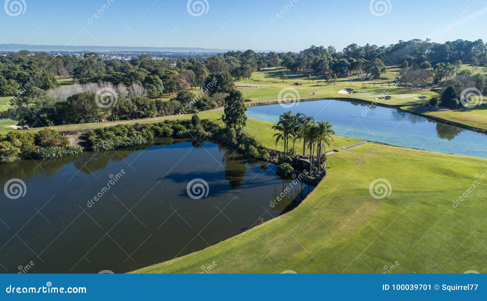 Aerial View of Golf Course with Two Water Hazard Dams, Bunkers, and ...