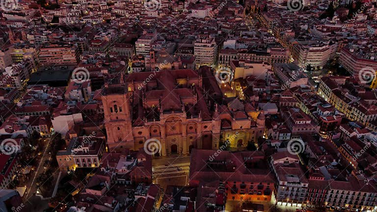 Aerial View of Granada Cathedral at Dusk, a Roman Catholic Church in ... Aerial View of Granada Cathedral at Dusk, a Roman Catholic Church in ...