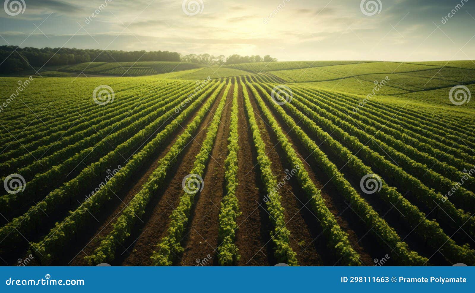Aerial View of Green Field with Rows of Vines for Harvesting Stock ...