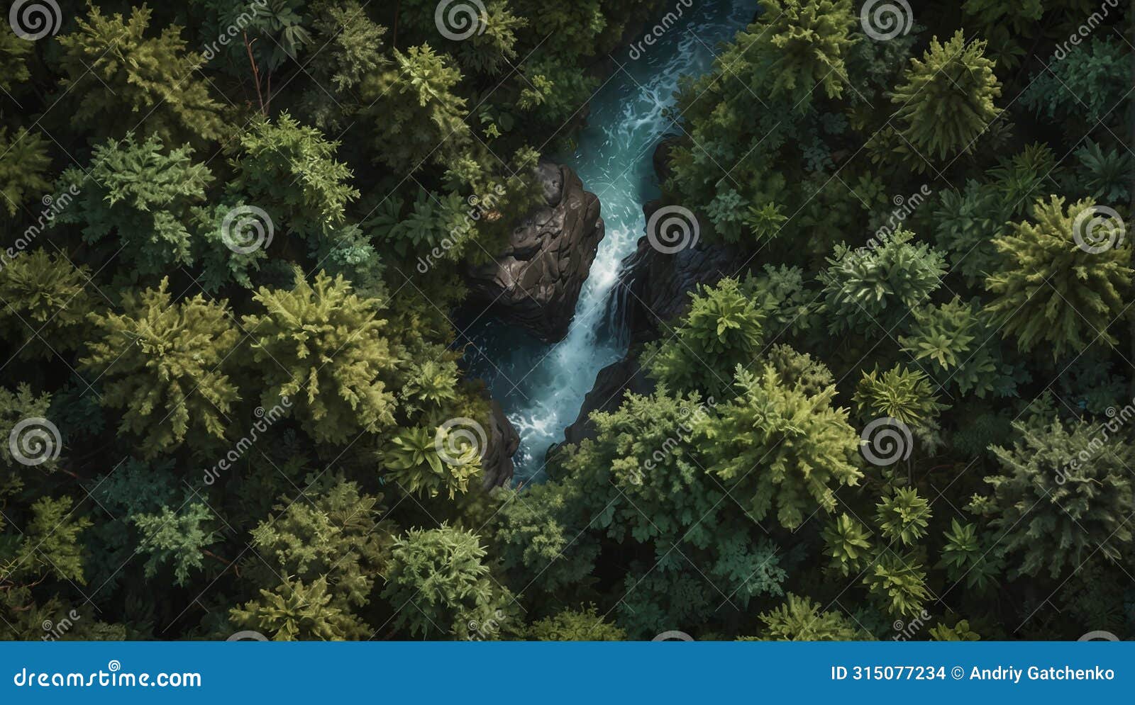 Aerial View of Green Forest Texture with a Rushing River Flowing ...